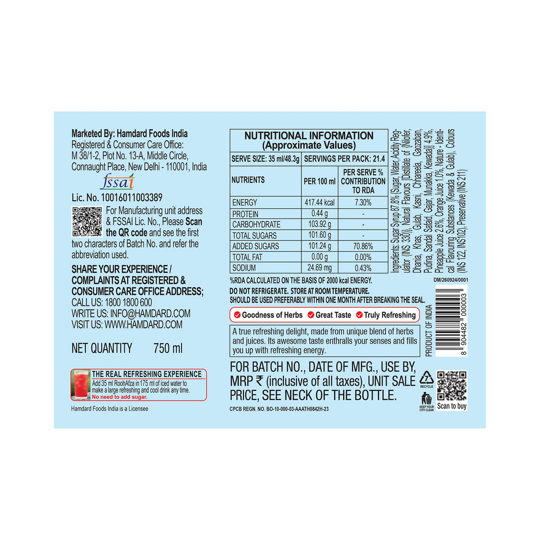 Hamdard Sharbat Roohafza | 750ml