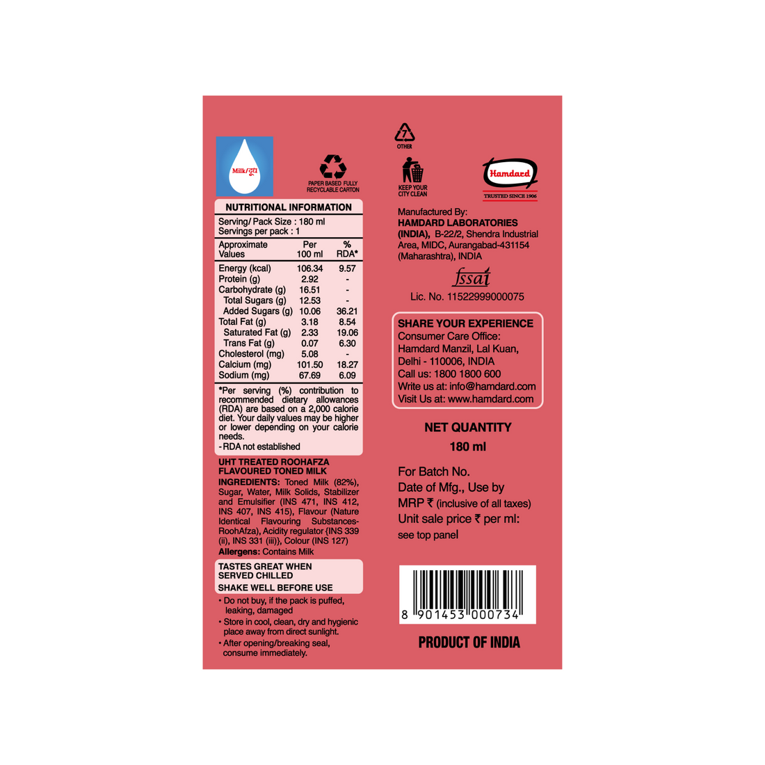 Hamdard Rooh Afza Milk Shake | 180ml